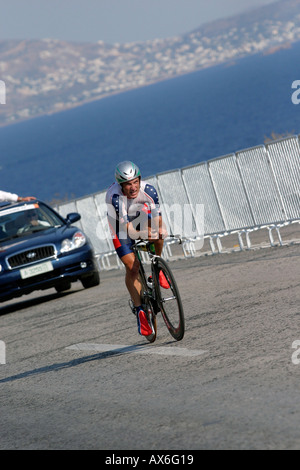 American cyclist Tyler Hamilton out on the time trial course on ...