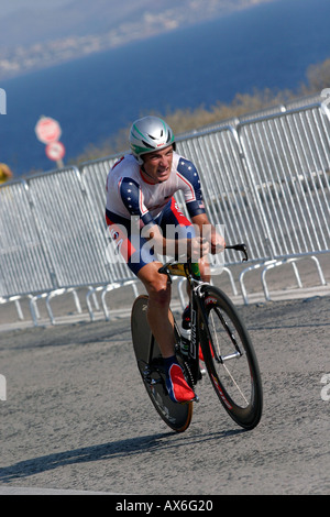 American cyclist Tyler Hamilton out on the time trial course on ...