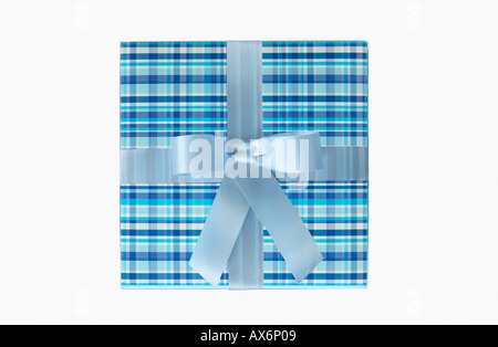 Christmas gift box tied with blue ribbon with bow with green Christmas ...