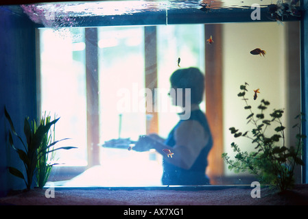 View through an aquarium at a waiter, Restaurant Cavall Bernat, Hotel ...