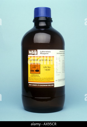 Sulphuric acid, laboratory bottle. The hazard label warns that this ...