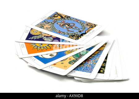Fanned out deck of tarot cards on white background Stock Photo - Alamy