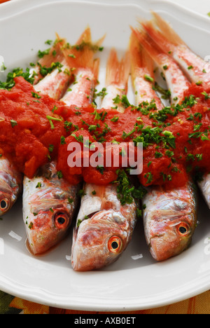 Kitchen: Red Mullet In Tomato Sauce 1 Stock Photo - Alamy