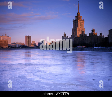 Stalin era skyscraper the Ukraina Hotel and a frozen River Moskva ...