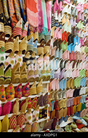 A close view of traditional "baboosh" slippers on display at a shop ...