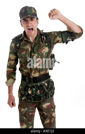 Creative portrait of young shouting man in image of medieval hussar ...