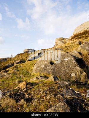 A carved stone on Baslow Edge, Peak district National Park, Derbyshire ...