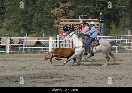 Cowboys galloping after a calf in the calf roping event at a rodeo ...