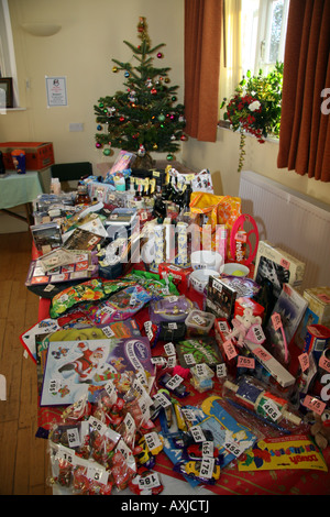 Tombola prizes at a Christmas fair Stock Photo - Alamy