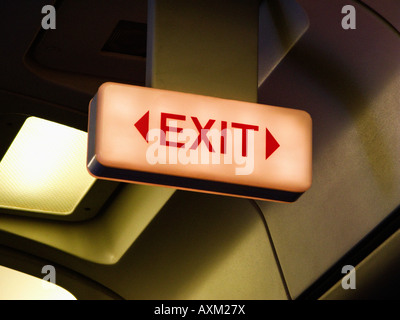Emergency exit sign in aircraft cabin ceiling. Passenger jet airliner ...