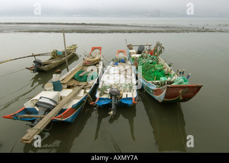 Boats moored along Danshui harbour Taipei Taiwan Republic of China ...