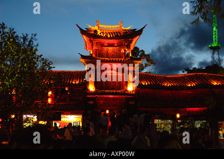 Lijiang at night. Colorful lights on the buildings in Lijiang, Yunnan ...