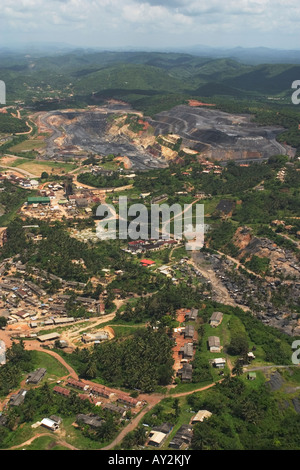 Aerial view of part of surface gold mine concession, showing ...