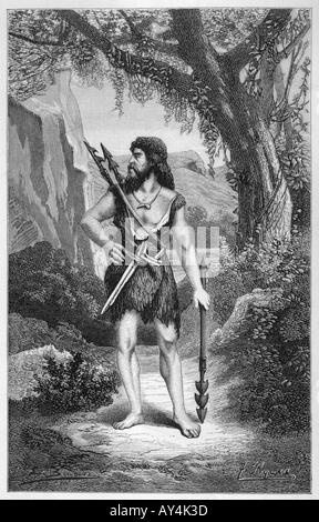A prehistoric cave man, with spears for hunting wild animals Date ...