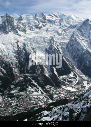 Elevated view of the Chamonix valley from the Mont Blanc Massif with ...