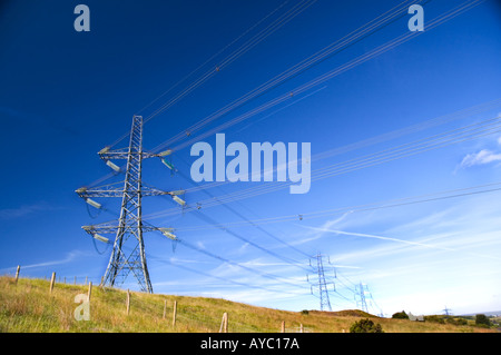 Electric pylons on Welsh hillside. Llanelly Hill, Monmouthshire, Wales ...