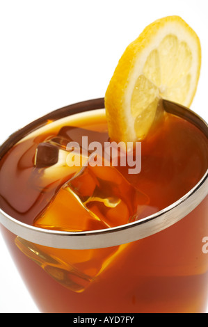 Cold summer drink. iced tea with lemon and mint, on grey stone ...