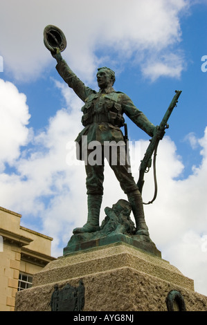 Truro War Memorial bronze statue of a foot soldier raising his helmet ...