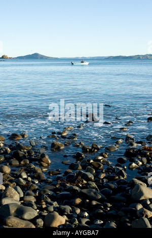 fisherman in boat Orere point Beach Stock Photo - Alamy