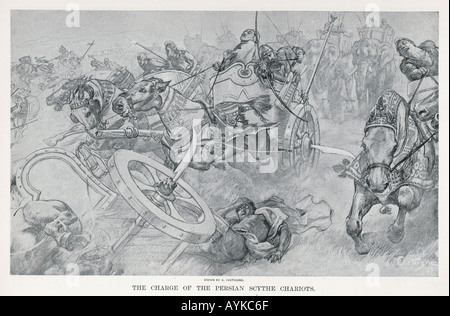 Charge of the Persian scythe chariots against the Greek army of ...