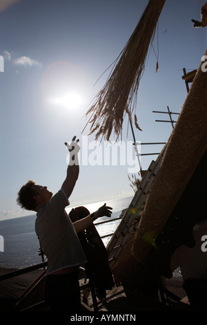 A Master Thatcher working on the roof of a village cottage repairing ...