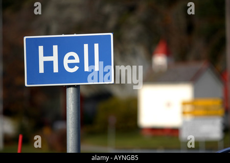 Signpost to town of Hell, nr Trondheim, Norway Stock Photo - Alamy