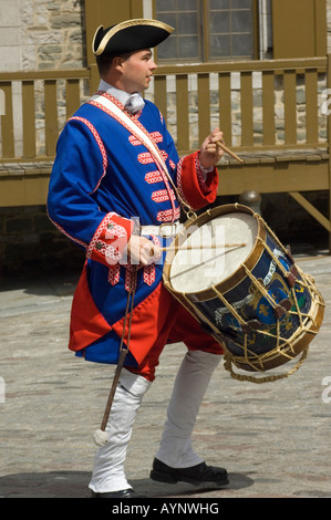 Colonial French army reenactor portraying a drummer in 18th century ...