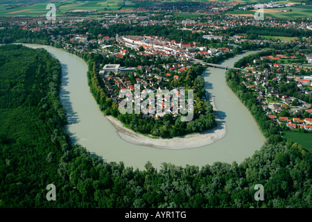 Loop (meander) of the Inn River, Muehldorf am Inn, Upper Bavaria ...
