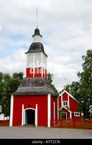Jukkasjärvi Church - red wooden building with a freestanding bell tower ...