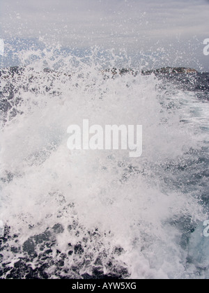 Waves crashing behind a catamaran on windy sea Stock Photo - Alamy