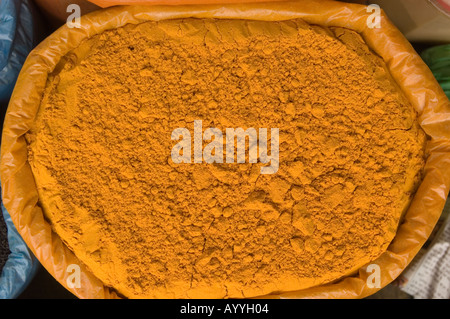 Vibrant orange turmeric powder in white ceramic bowl, garlic, red chili ...