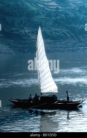 Yangtze River junk or sampan under sail in the Three Gorges in 1987 ...