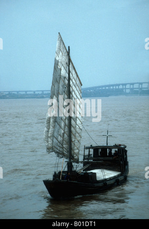 Yangtze River junk or sampan under sail in the Three Gorges in 1987 ...