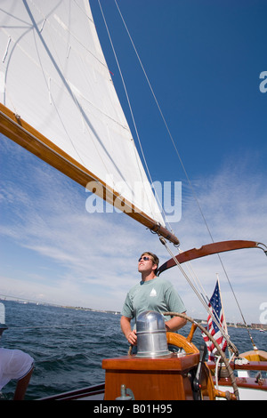 Captain sailboat in bay. Windy. copy space Stock Photo - Alamy