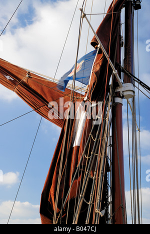 Mast and sails with flag of the Thames sailing barge Mirosa Stock Photo ...