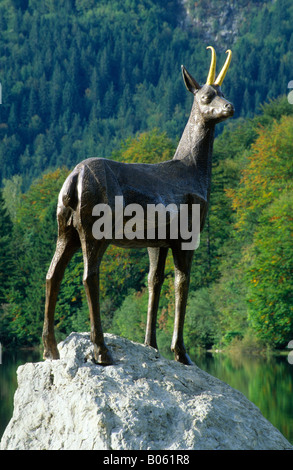 Sculpture of Zlatorog, the mythical chamois with golden horns, on the ...