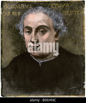 Christopher Columbus portrait. Hand-colored woodcut Stock Photo - Alamy