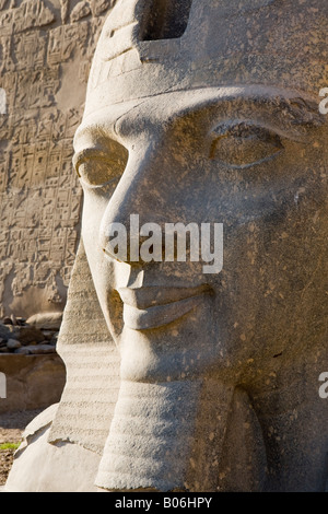 Sculpted colossal head of Ramesses II against blue sky at Luxor Temple ...