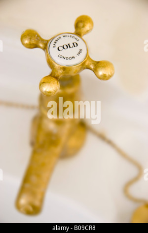 an old fashioned style of brass water tap outside oudoors running ...