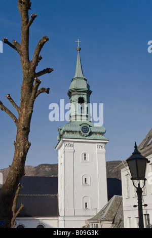 Nykirken white stone parish church in the port area of Nordnes in ...