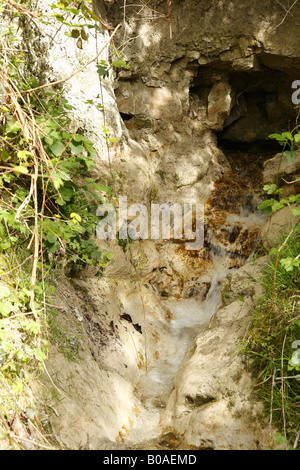 Natural fresh spring water emerging from a rock face and spilling into ...