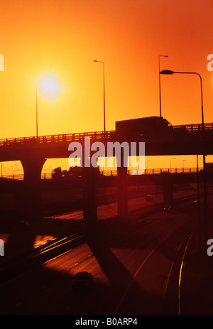traffic and sunrise at Holmfield junction linking the A1 M1 and M62 ...