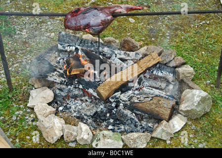 Stock photo of a piece of meat spit roasting over an open fire Stock ...