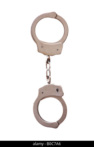 Stainless steel metal handcuffs isolated cutout on white background ...