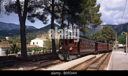 Narrow-gauge railway at the station, Soller, Majorca, Balearic Islands ...