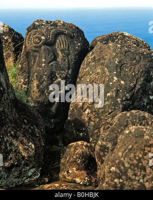 Birdman petroglyph, Chile, Easter Island, Honga Roa, Rano Kau volcano ...