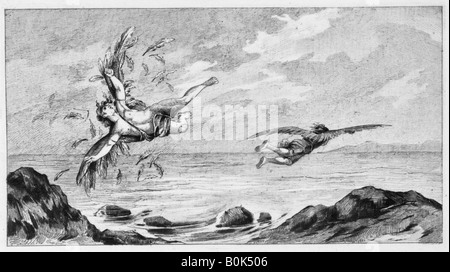 Icarus and his father Daedalus flying. Engraving by Albrecht Durer ...