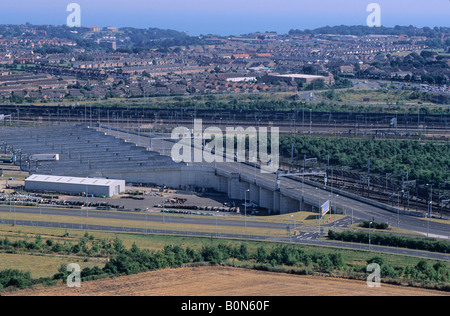 Channel Tunnel Rail terminal aerial view Folkestone Kent England UK ...