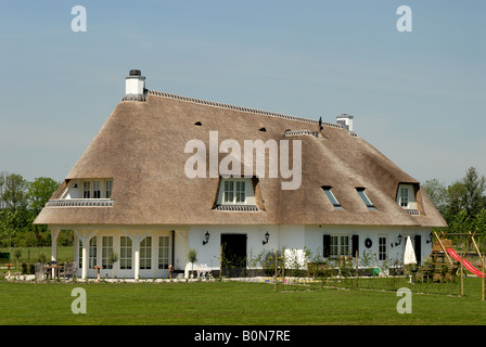 Traditional Dutch thatched-roof cottage and nature on the canal in the ...