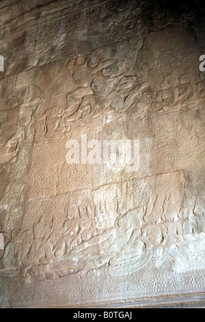 A detail from a frieze depicting battle history on the walls of Angkor ...